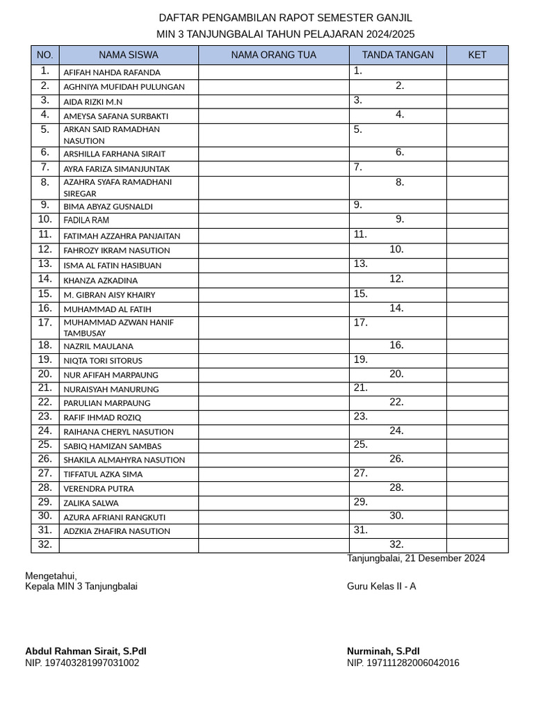 DAFTAR PENGAMBILAN RAPOT SEMESTER GANJIL | PDF