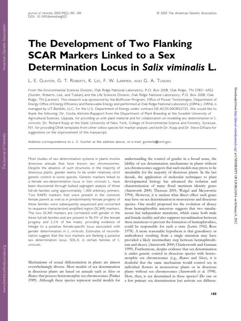 The Development of Two Flanking SCAR Markers Linked To A Sex Determination Locus in Salix ...