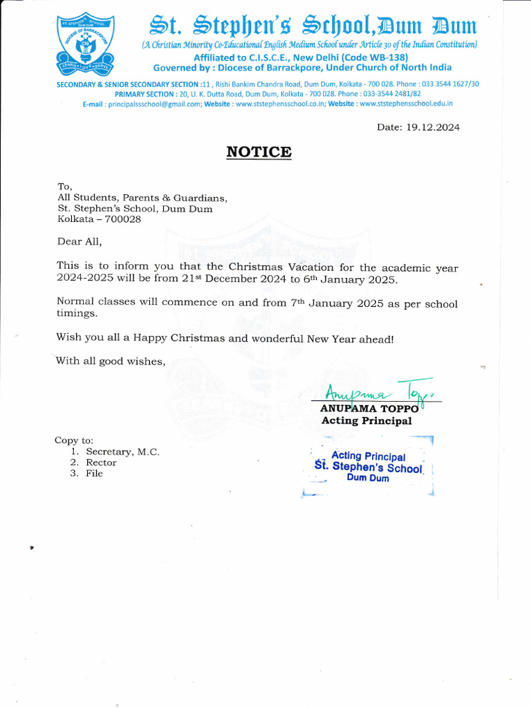 St. Stephen's School Christmas Vacation Notice | PDF