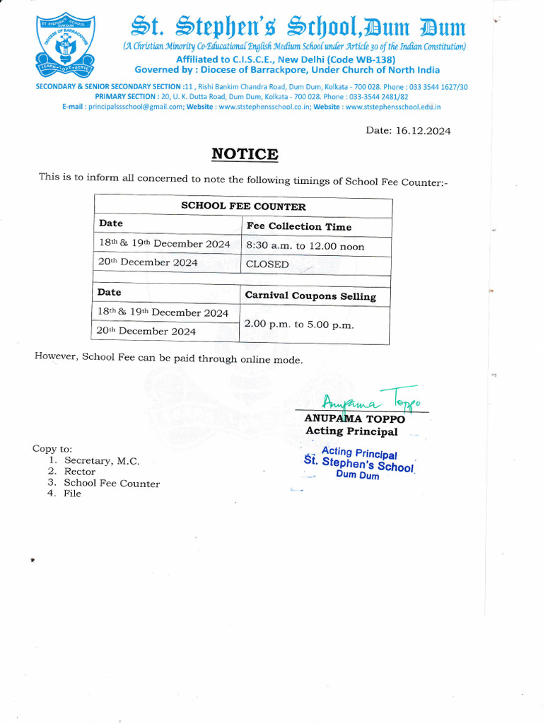 Notice - School Fee Counter Timings - 20241216 - 0001 | PDF