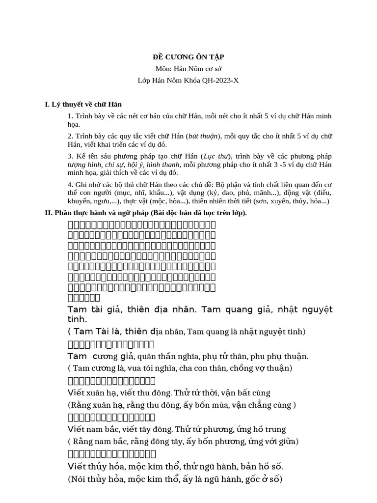 De Cuong on Tap_Han Nom Co So 1 | PDF