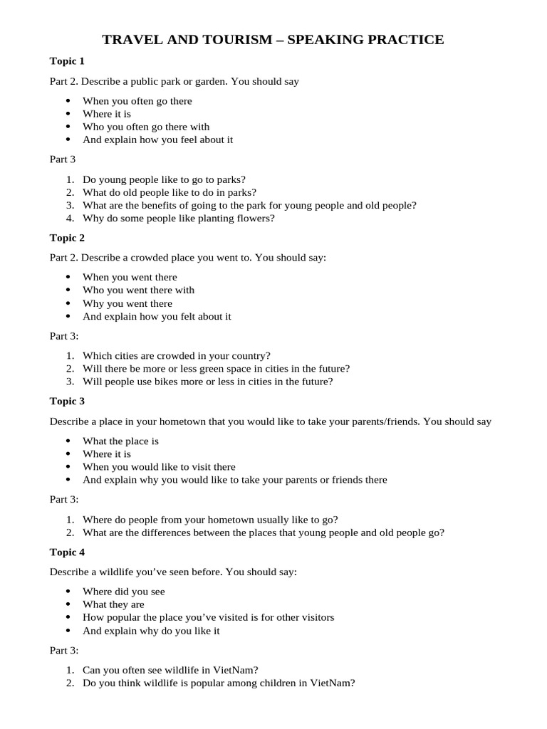 Travel & Tourism Speaking Topics | PDF