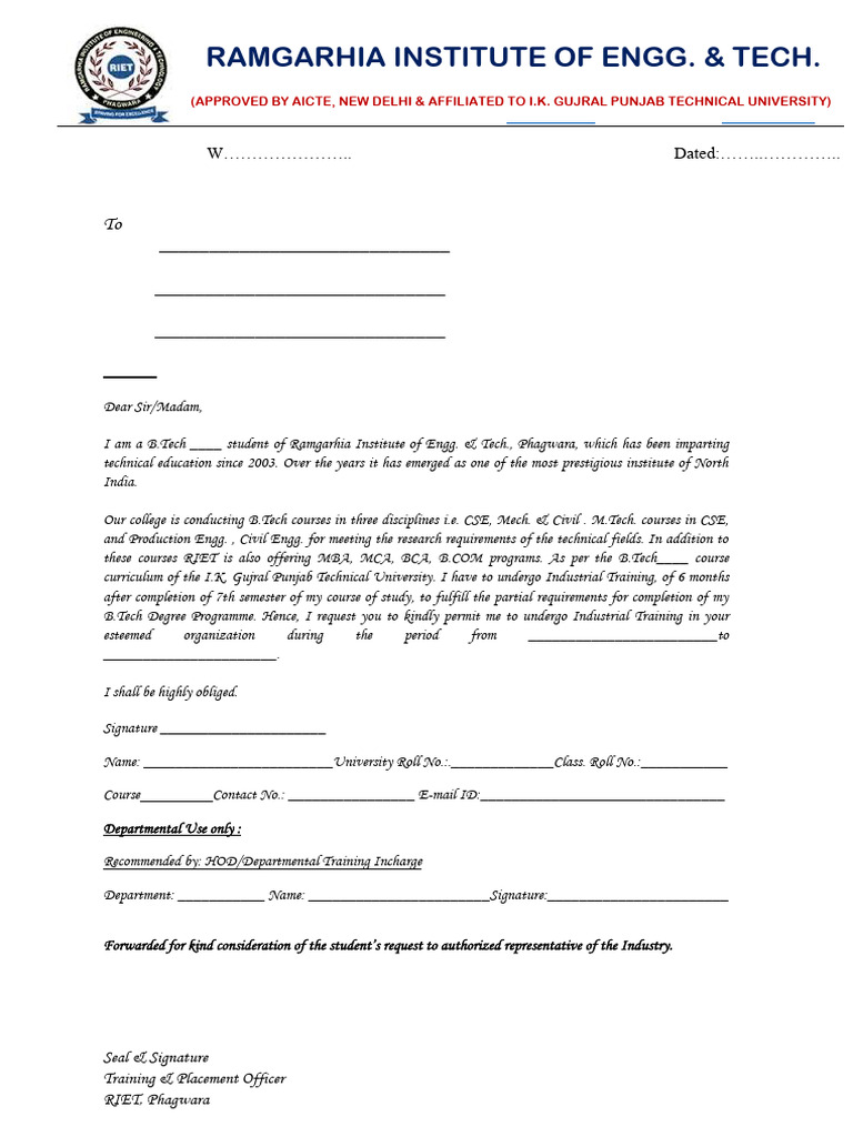 6 month industrial training form B.tech | PDF | Academic Degree | Qualifications