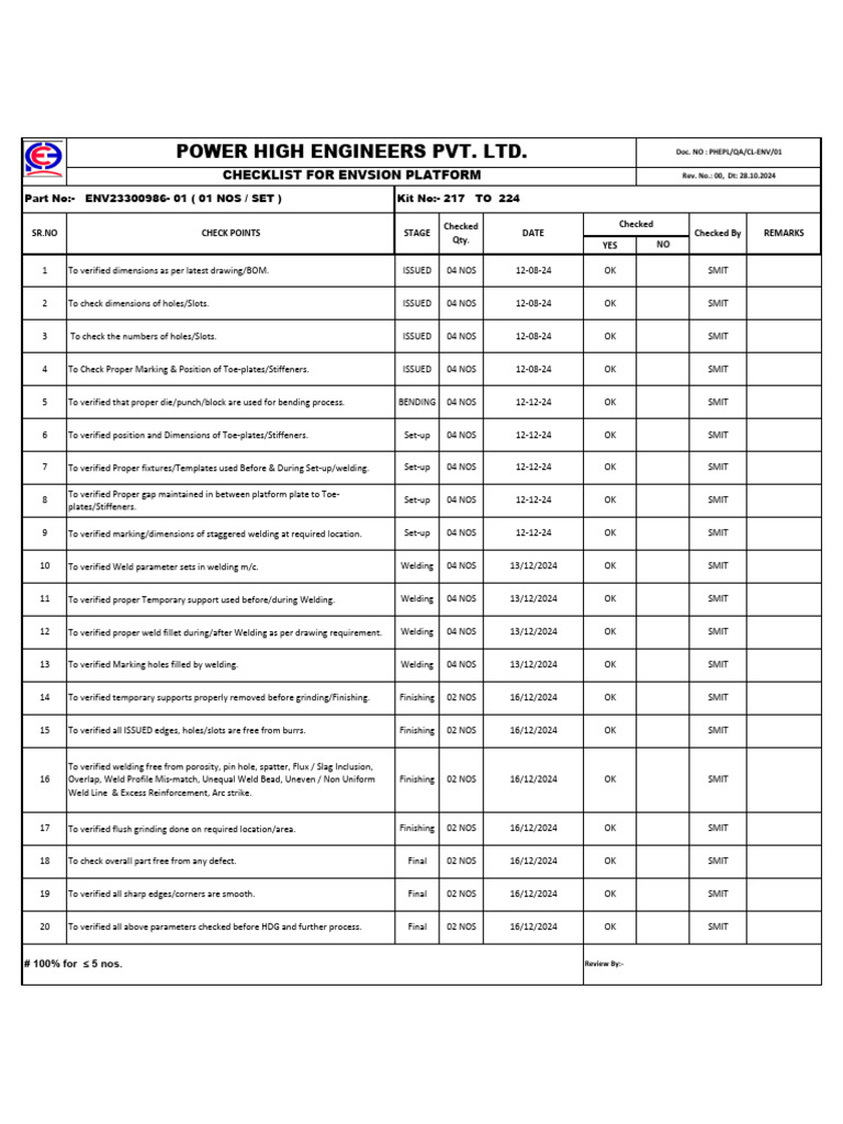 Envision Platform Inspection Checklist | PDF | Welding | Construction