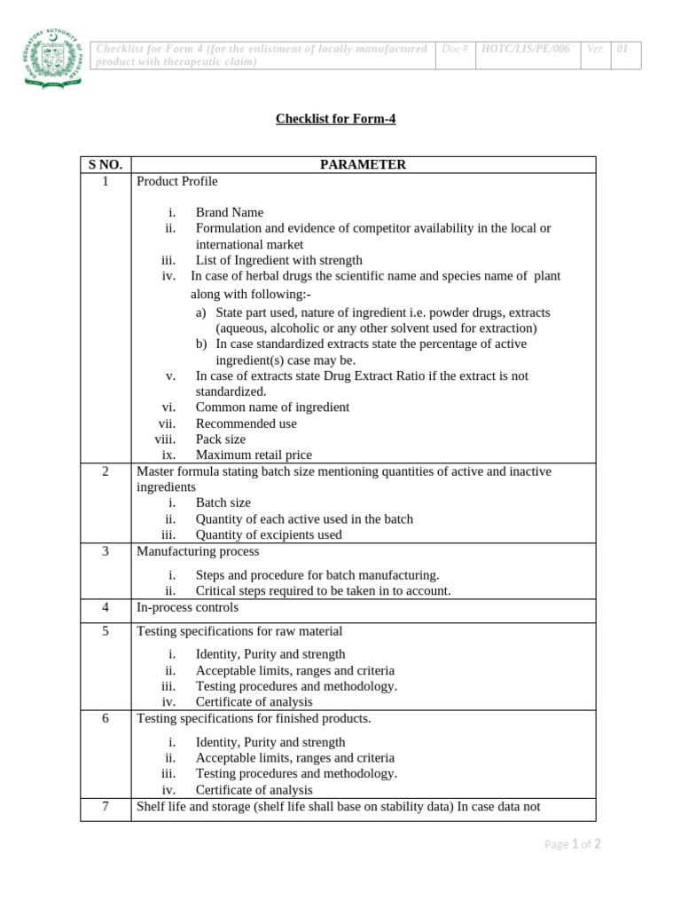 Checklist For Form 4 For The Enlistment of Locally Manufactured Product With Therapeutic Claim ...