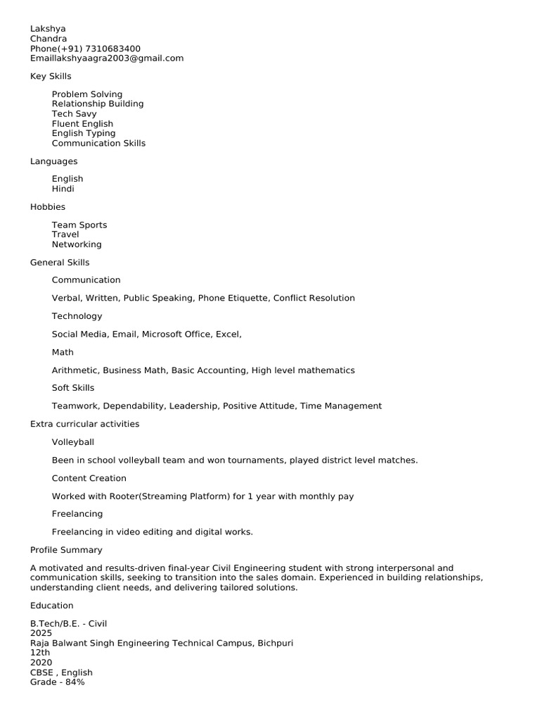 Civil Engineering Student Profile Summary | PDF