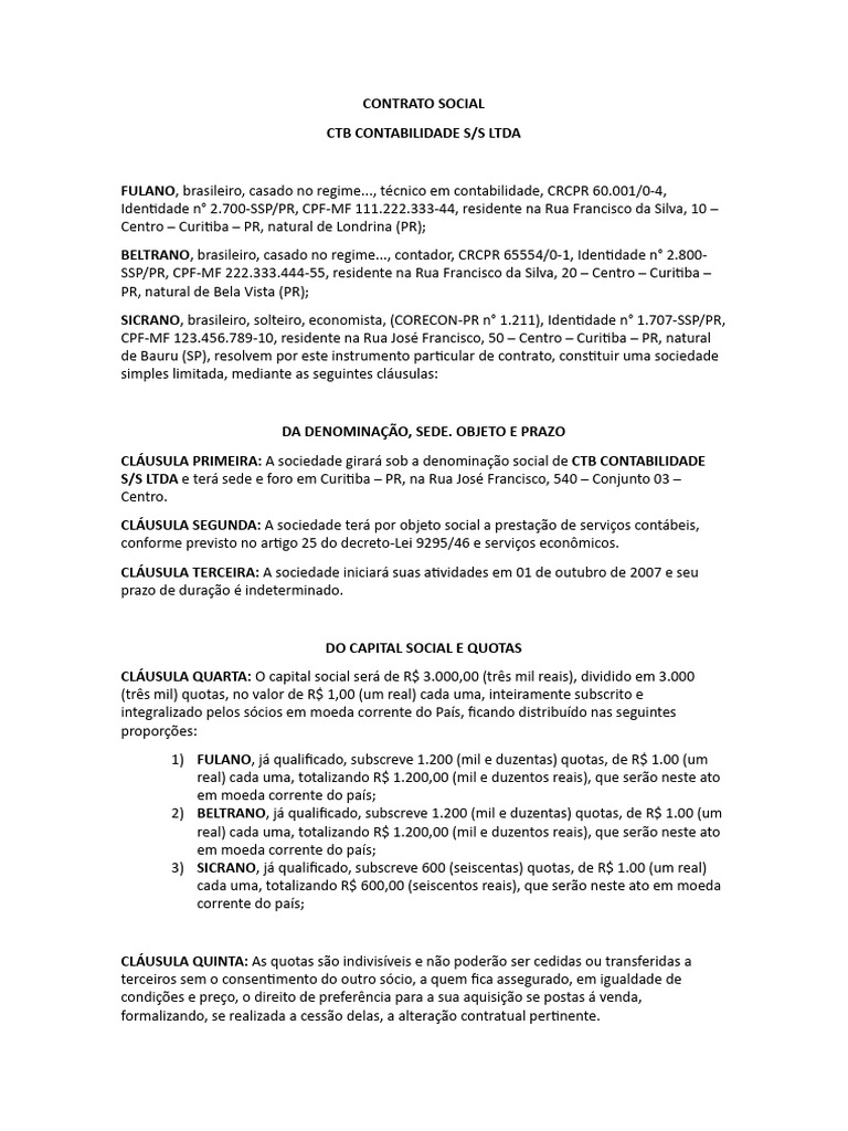 Modelo Contrato Social | PDF | Contabilidade | Business