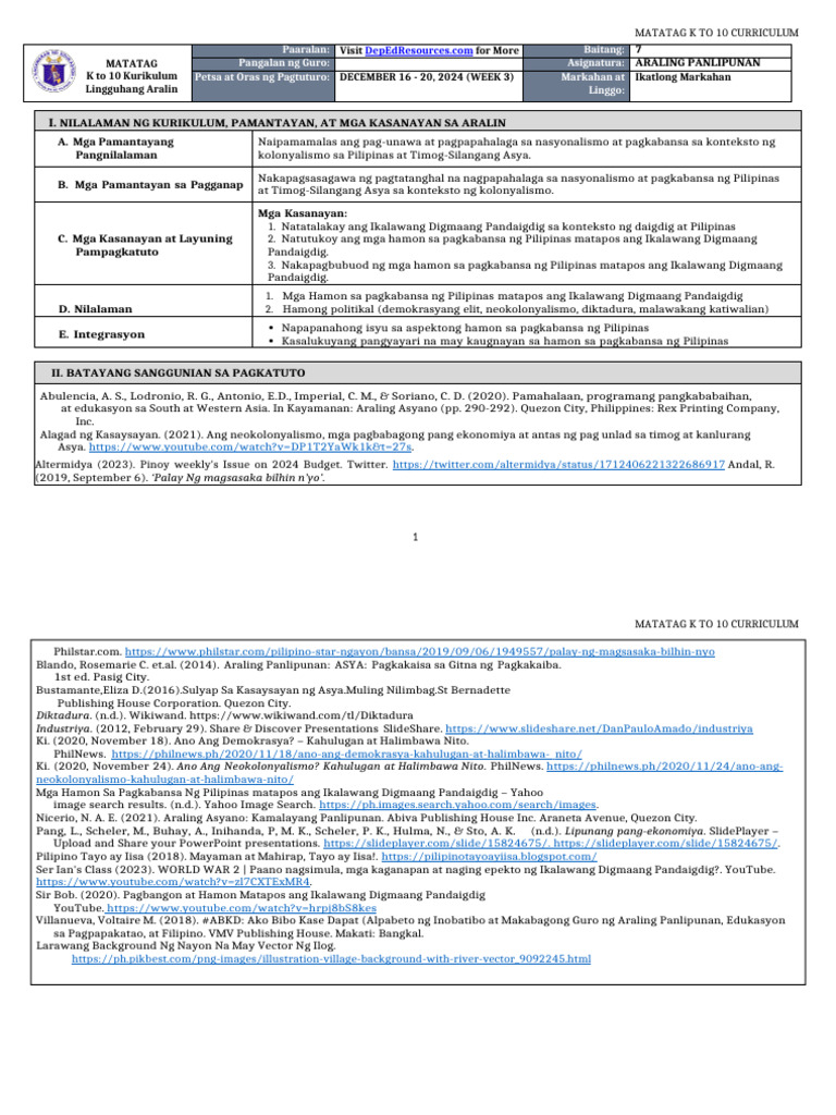 DLL Matatag - Araling Panlipunan 7 Q3 W3 | PDF