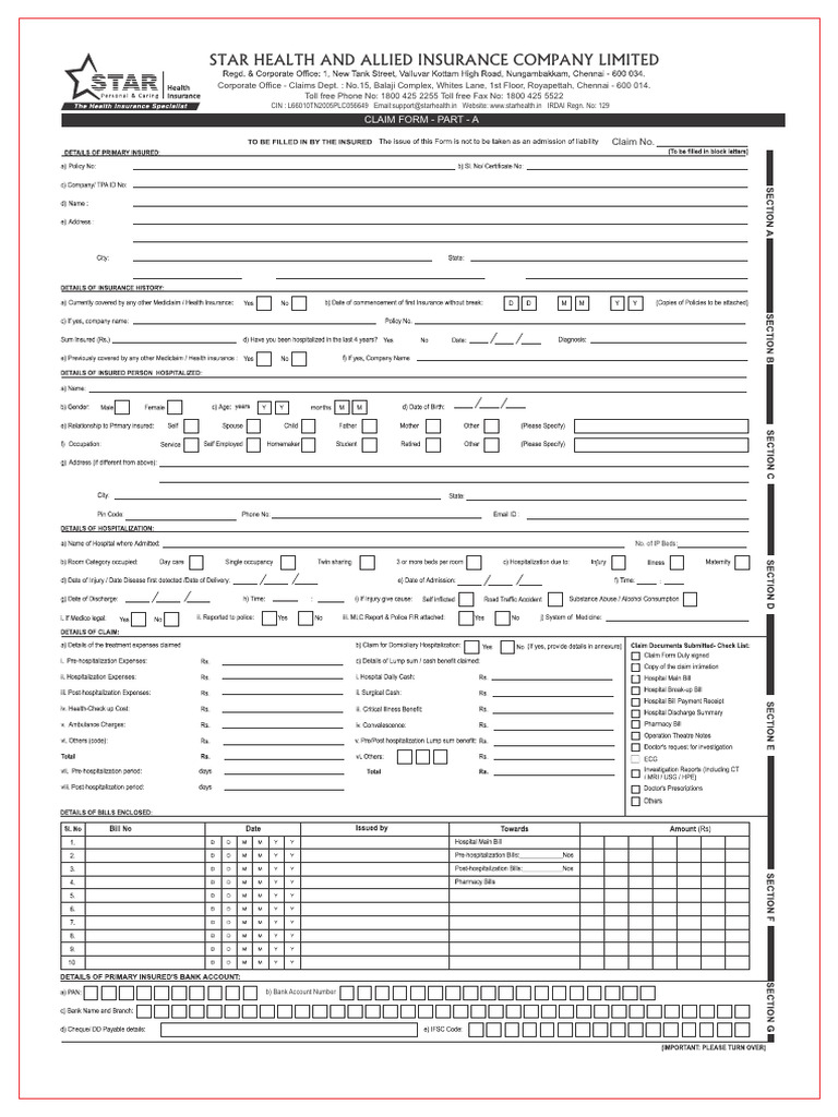 Star Health Claim Form - Parts A & B | PDF