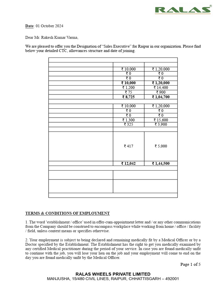 Offer Letter - Rakesh Varma | PDF | Employment | Salary