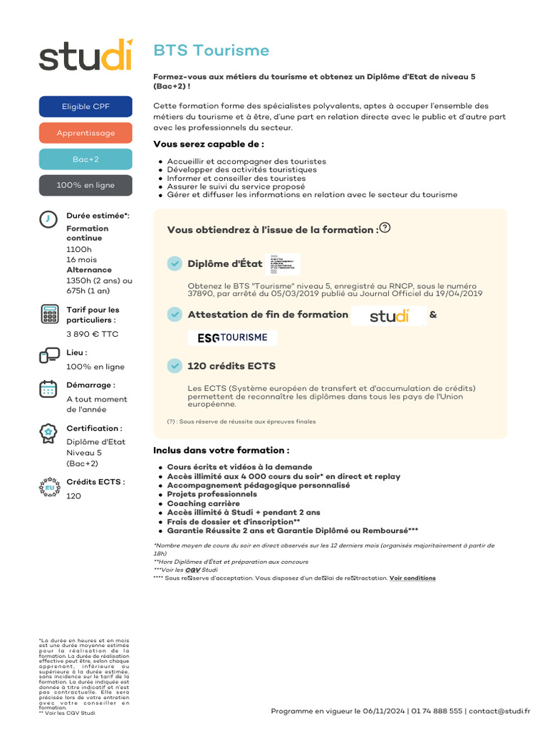 BTS Tourisme 100% en ligne - Formation Bac+2 | PDF | Tourisme | Application
