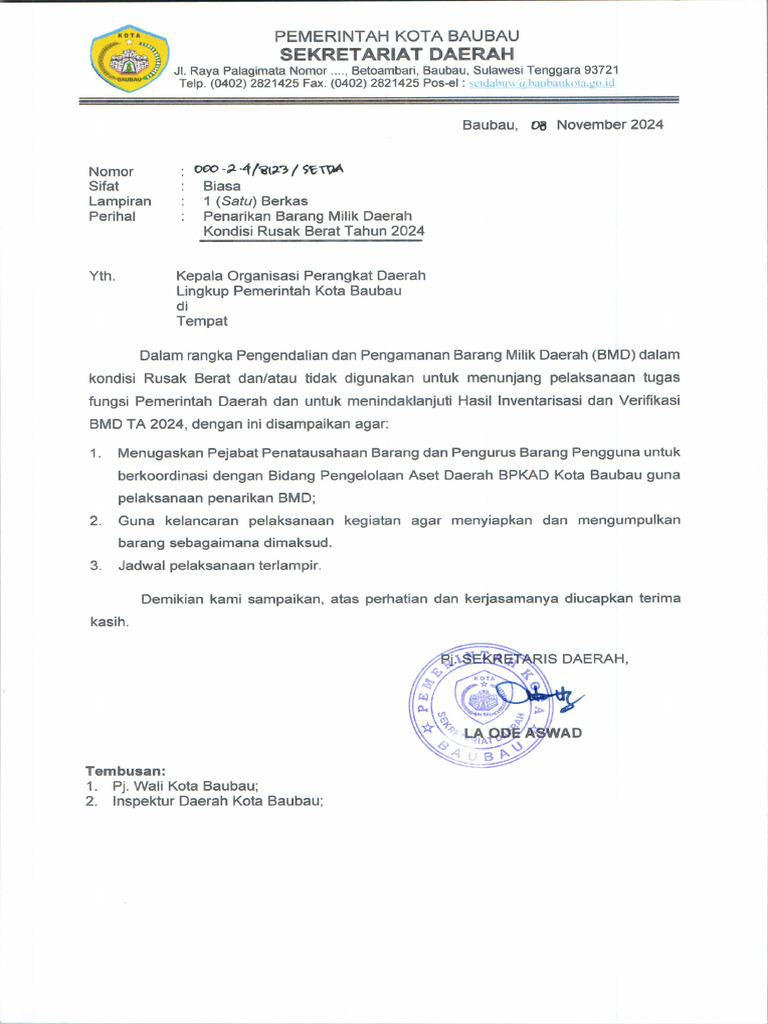 Surat Penarikan Barang Milik Daerah Kondisi Rusak Berat Tahun 2024 | PDF