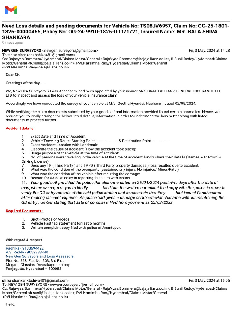 Gmail - Need Loss details and pending documents for Vehicle No_ TS08JV6957, Claim No_ OC-25-1801 ...
