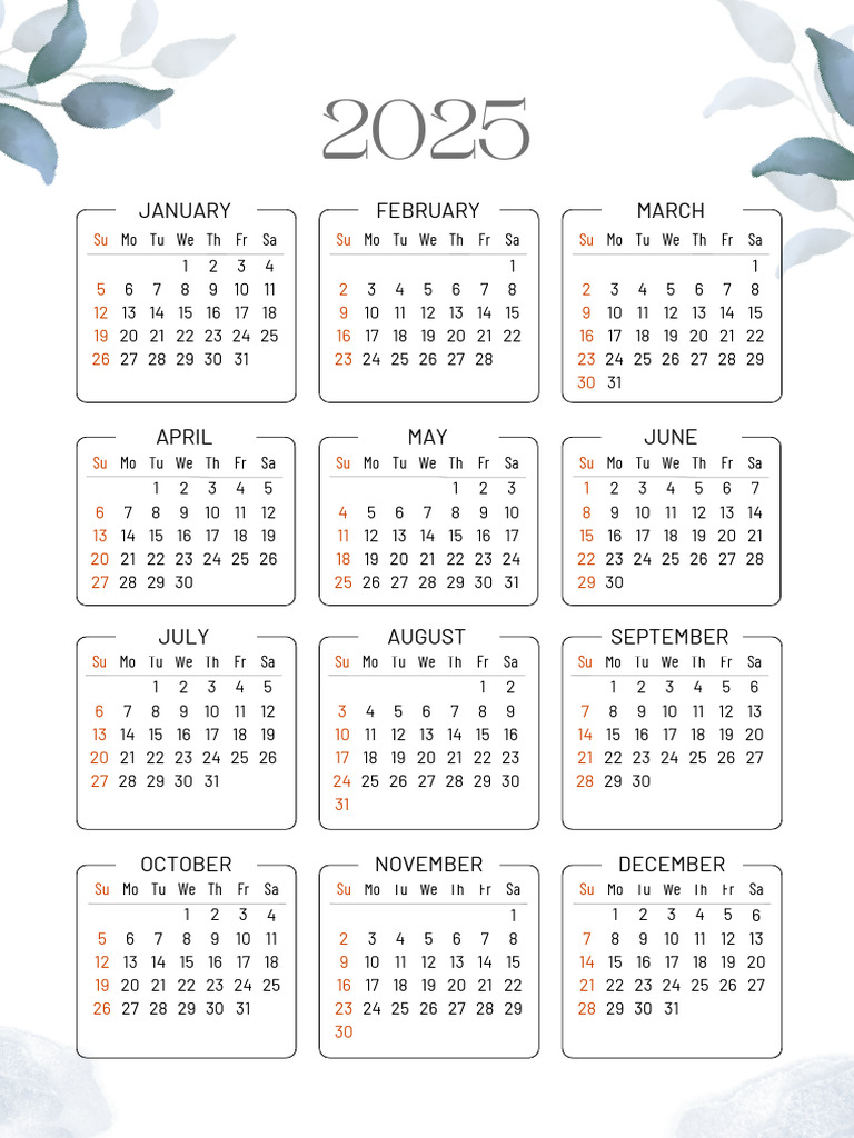 White and Blue Minimalist Watercolor 2025 Calendar A4 Document | PDF
