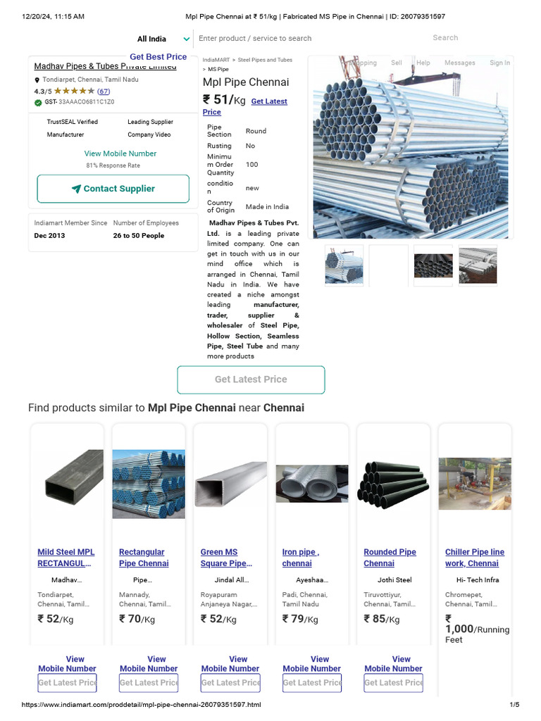 MPL Fabricated MS Pipe in Chennai | PDF | Building Engineering | Building Materials