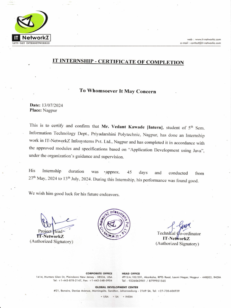 Completion Letter - Yedant Kawade | PDF