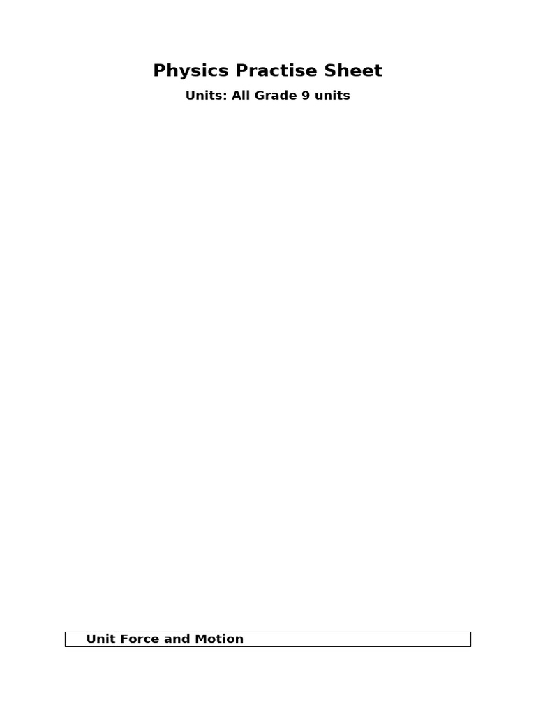 Physics Practise Sheet for Grade 9 Force & Motion | PDF