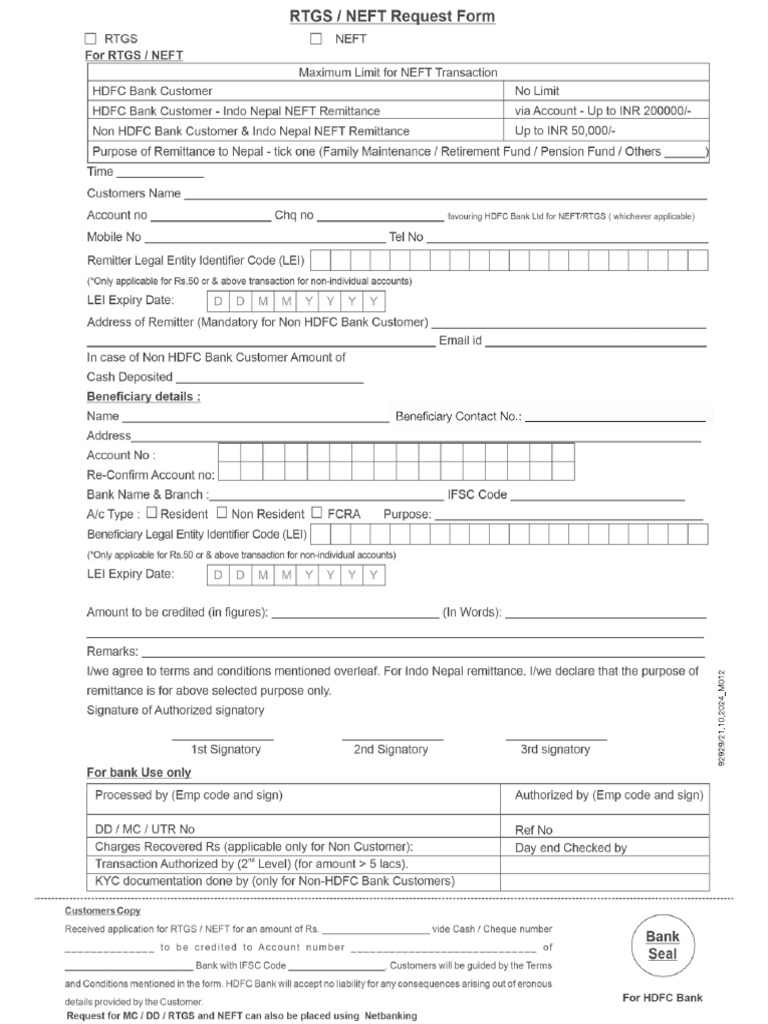 HDFC RTGS Form | PDF