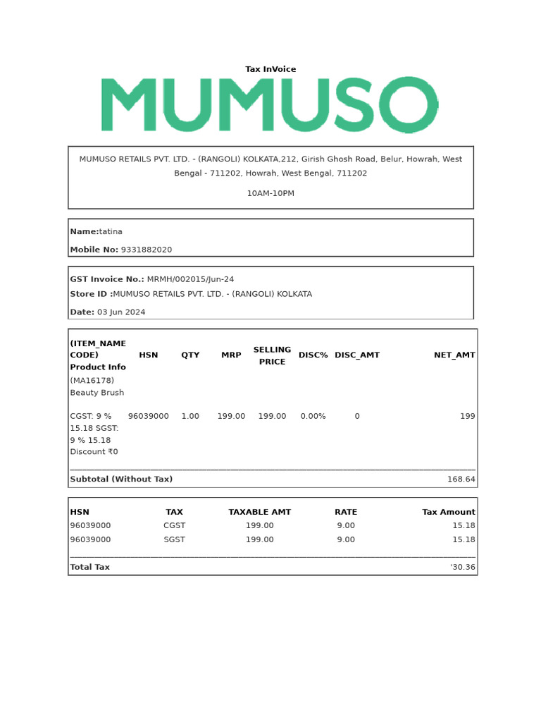 GST Invoice for Beauty Brush Purchase | PDF