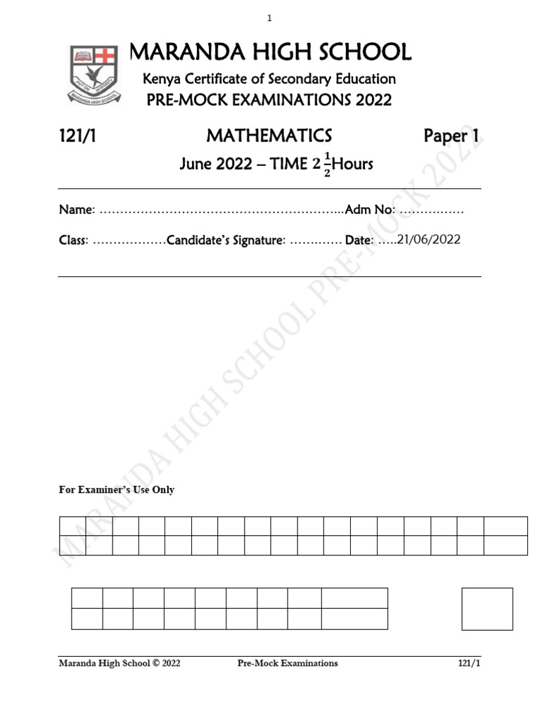 Maranda High School Pre Mock Maths 2022 PP1-1 | PDF | Circle | Geometry