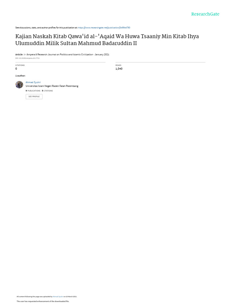 Kajian Naskah Kitab Qawa'id Al-'Aqaid Wa Huwa Tsaaniy Min Kitab Ihya Ulumuddin Milik Sultan ...