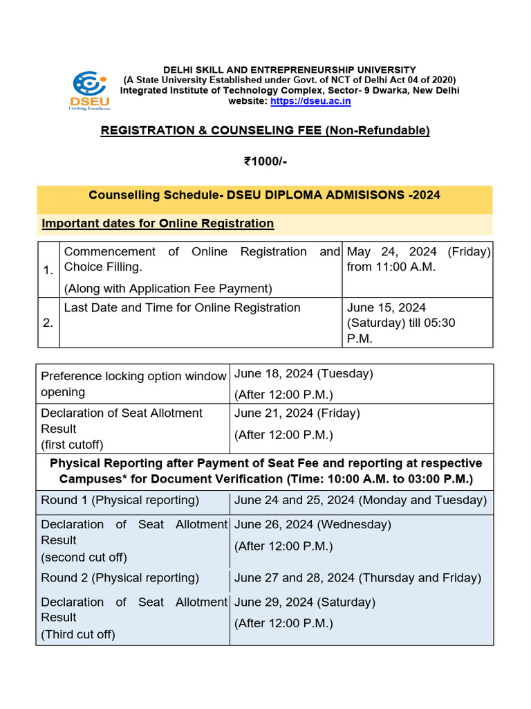 DSEU Diploma Admissions 2024 Schedule | PDF