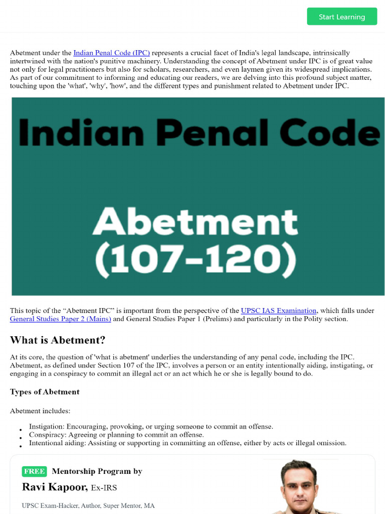 Understanding Abetment in IPC - Meaning, Types & Legal Implication | PDF