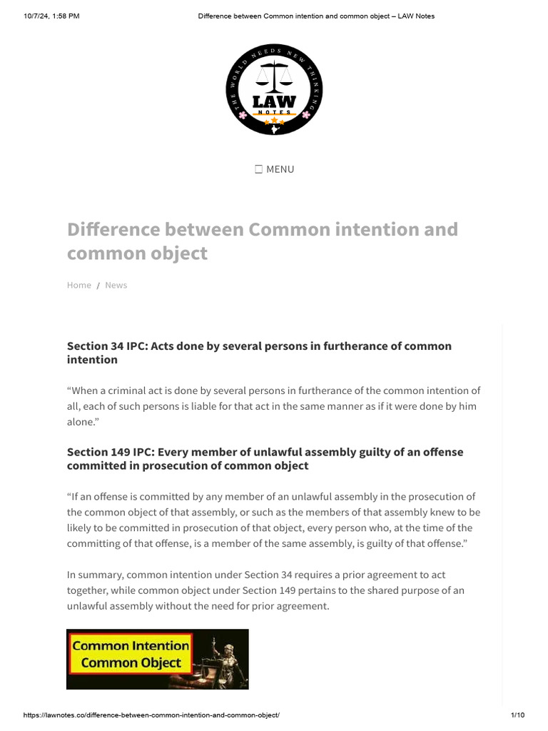 Difference Between Common Intention and Common Object - LAW Notes | PDF ...