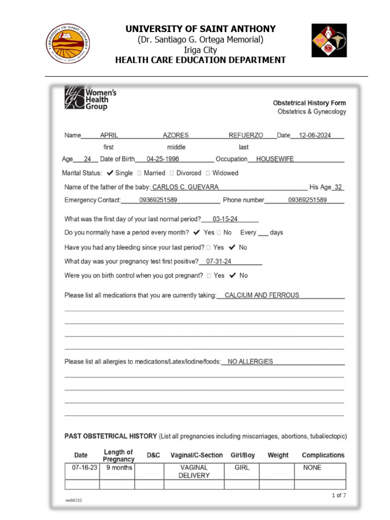 Obstetrical History Form Jsd | PDF