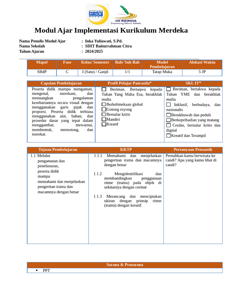 MODUL AJAR SBDP KELAS 6 BAB 1 | PDF