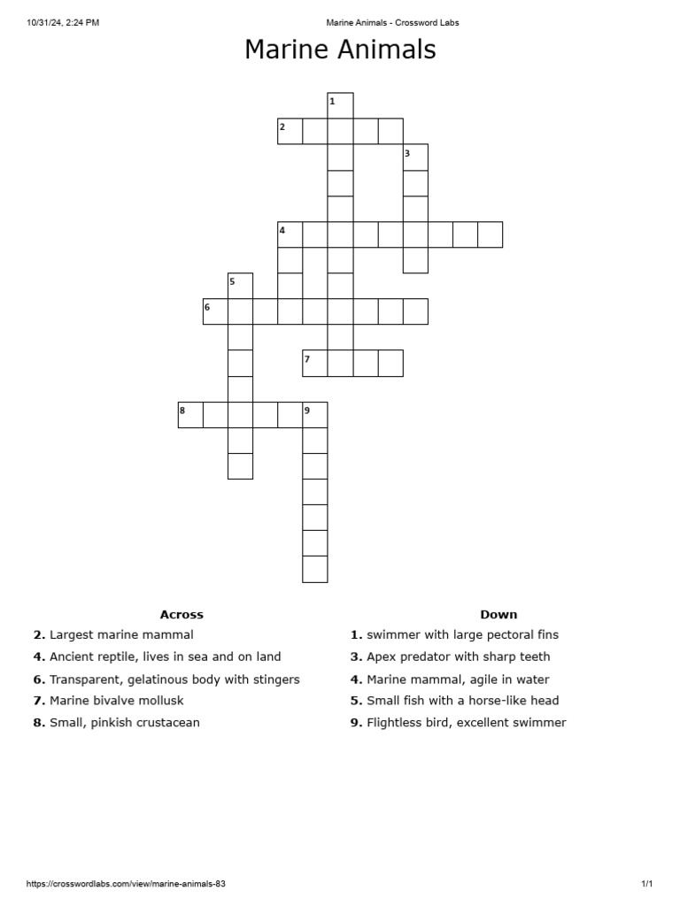 Marine Animals - Crossword Labs | PDF