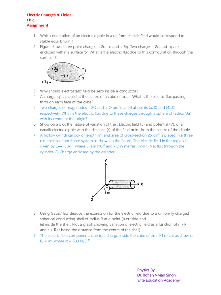 Ch-1, Physics 12th- Assignment | PDF | Electric Field | Sphere