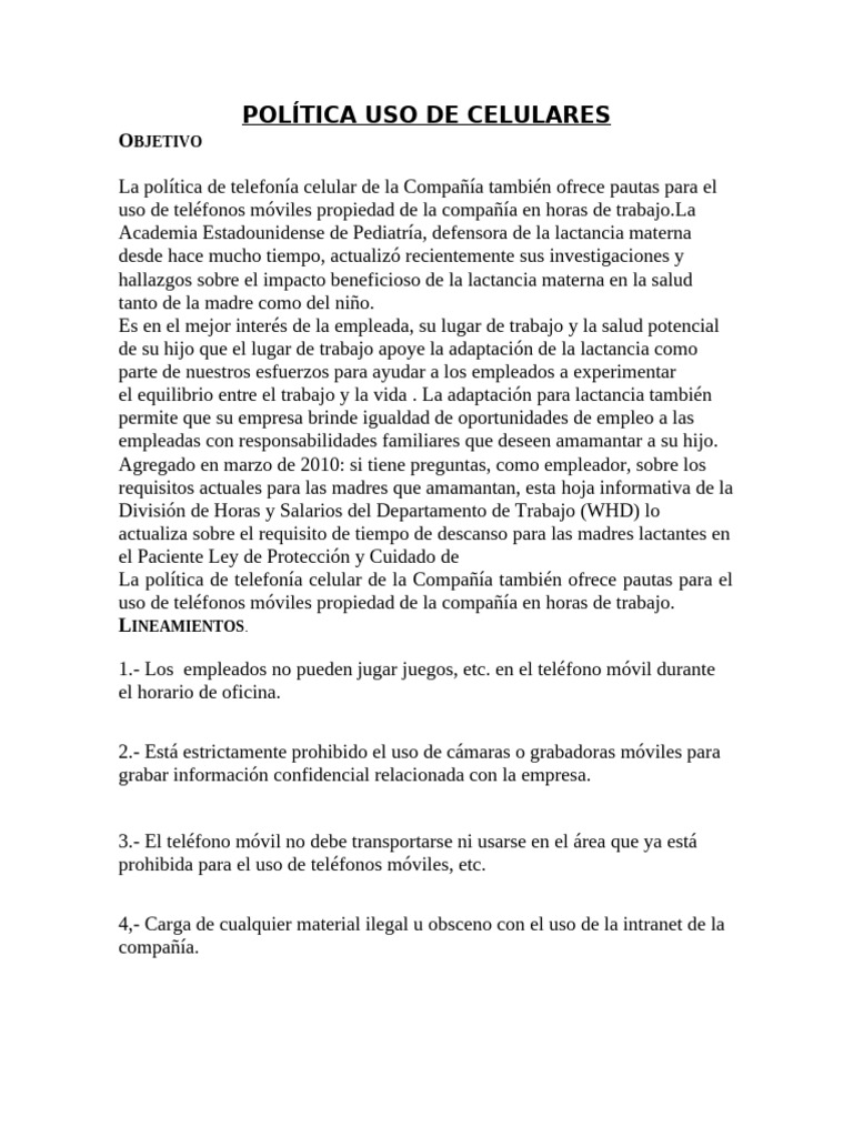 Política de Uso de Celulares en el Trabajo | PDF | Teléfonos móviles ...