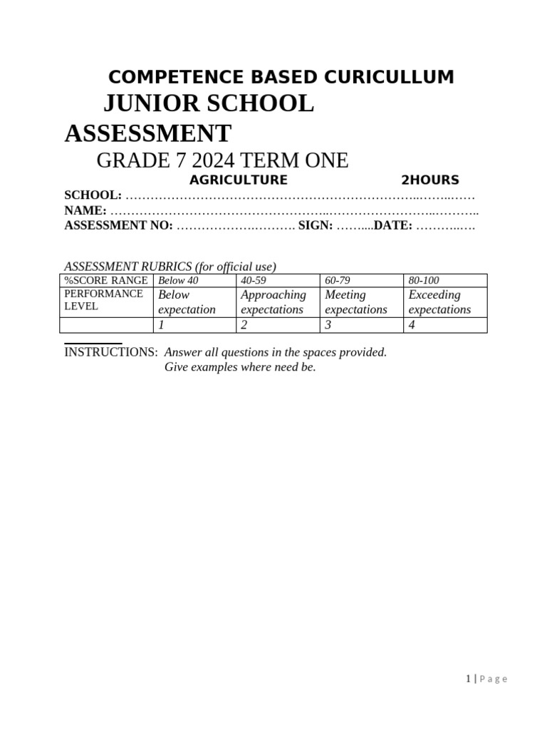 Grade 7 Agriculture Exam Paper 2024 | PDF | Grilling | Agriculture
