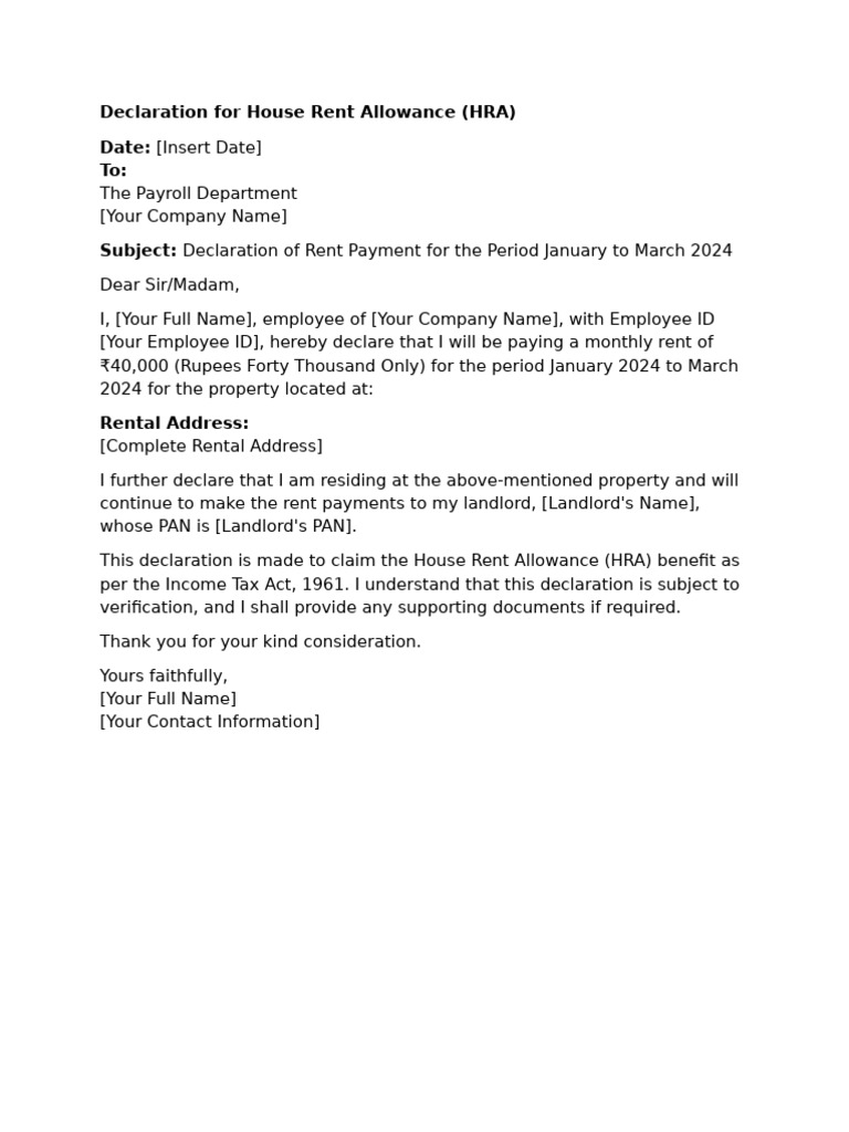 Declaration For House Rent Allowance Format For Bangalore IT | PDF
