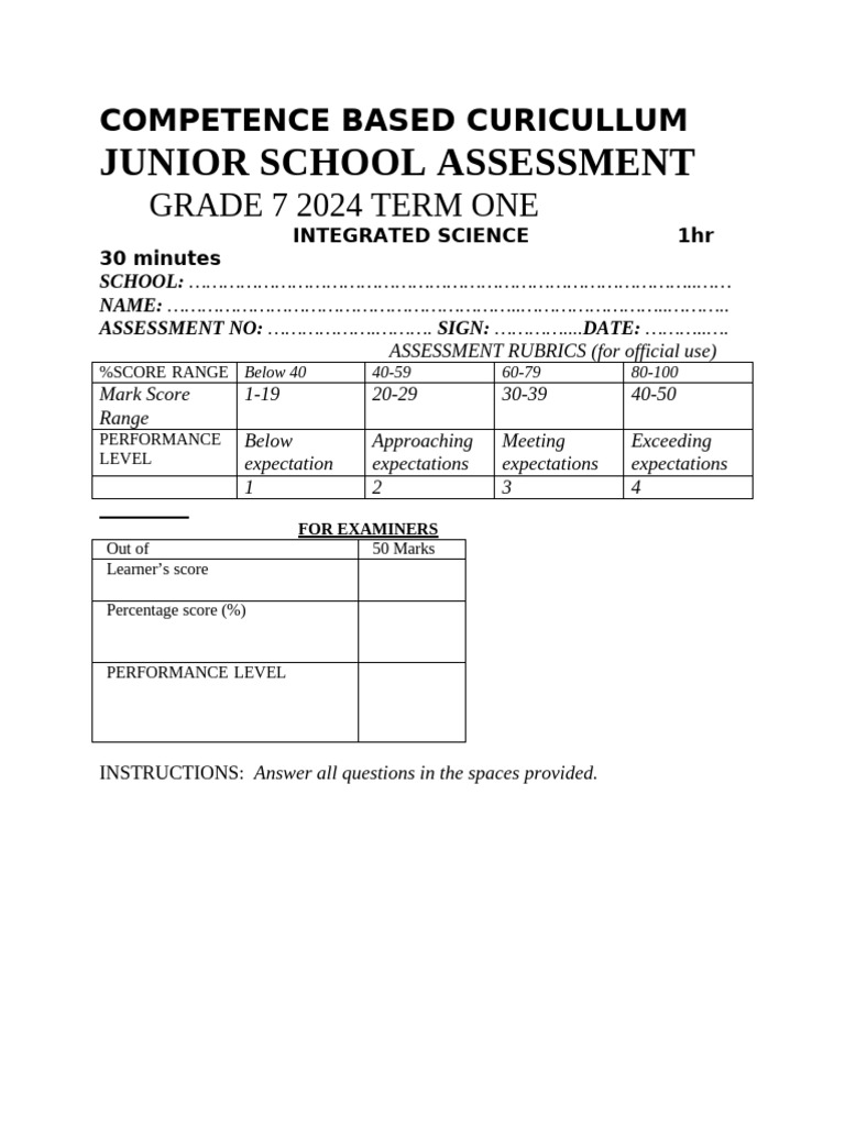 Grade 7 Integrated Science Exam 2024 | PDF | International System Of ...