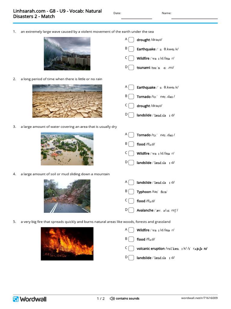 Linhsarahcom g8 U9 Vocab Natural Disasters 2 Match Quiz | PDF | Natural ...