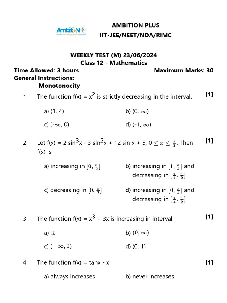 Class 12 - Mathematics Question 23-06-2024 | PDF | Monotonic Function | Mathematical Objects