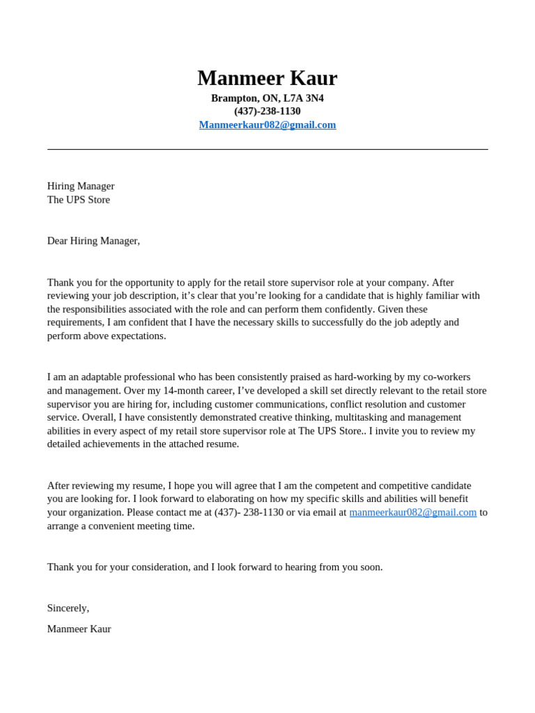 Cover Letter UPS | PDF