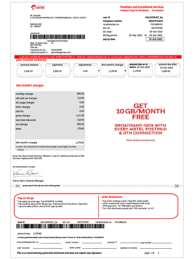 Airtel Data Bill - Oct 2022 | PDF