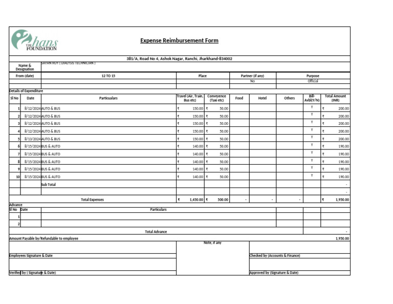 Expense Reimbursement Form (2) | PDF | Expense | Income Statement