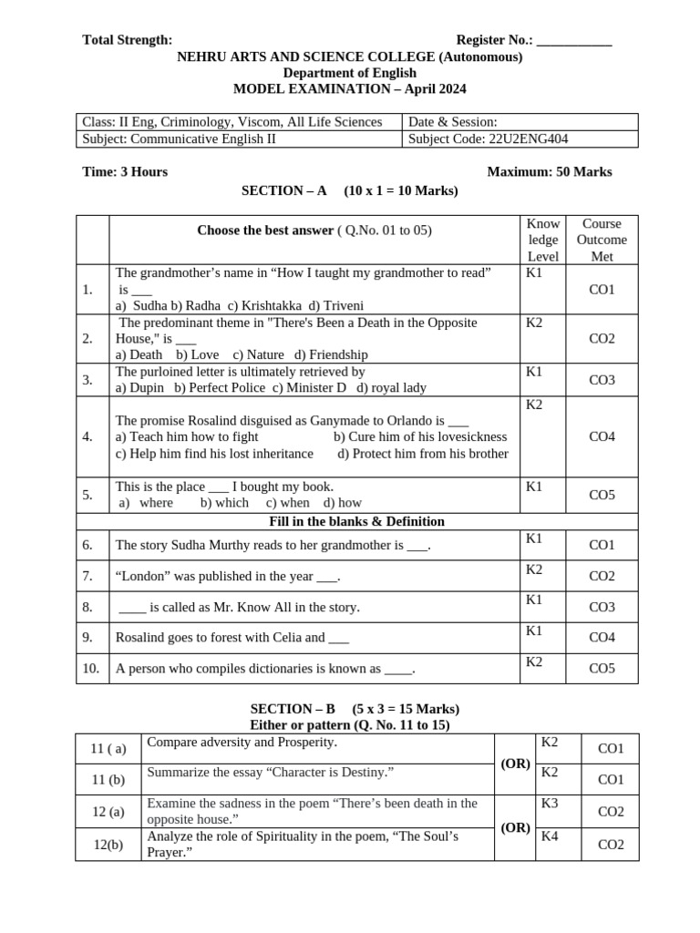 Communicative English Model QP (1) | PDF