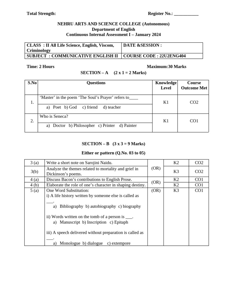 QP Communicative English CIA I | PDF | Cereals