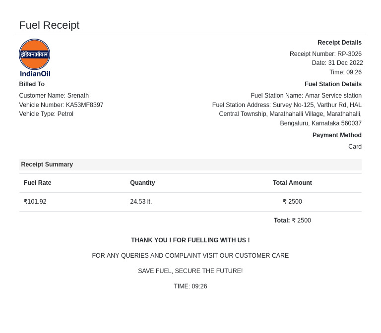 Fuel Receipt for Srenath - Dec 2022 | PDF