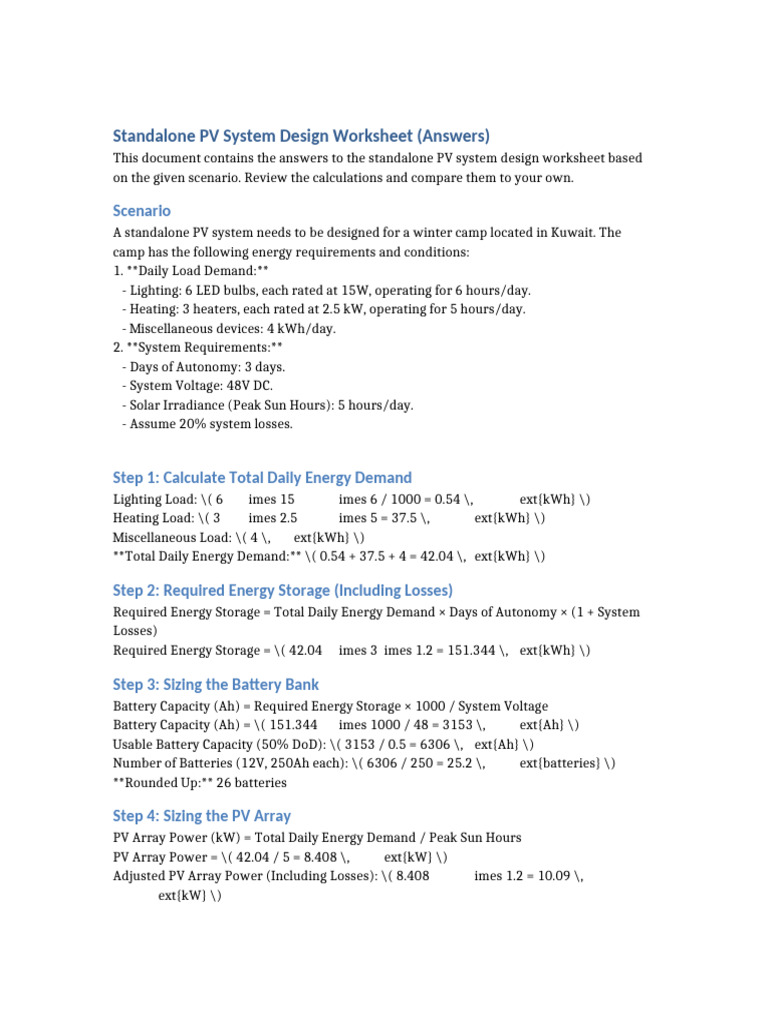 Standalone_PV_System_Design_Answers | PDF