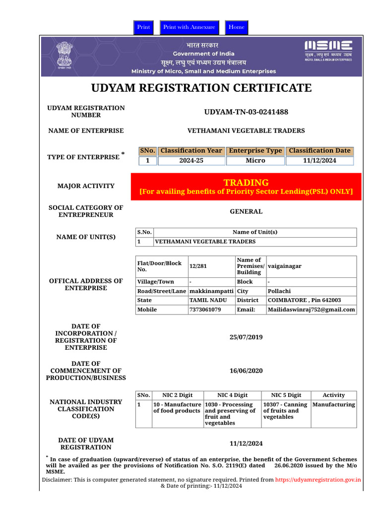 Print - Udyam Registration Certificate | PDF