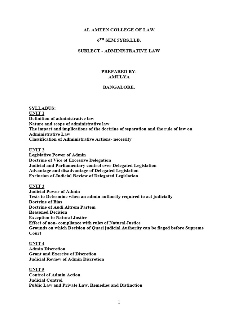 Al Ameen College of Law - Admin Law-1 | PDF | Separation Of Powers | Administrative Law