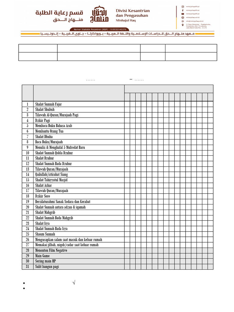 Mutaba'Ah Liburan Santri Semester Gasal | PDF