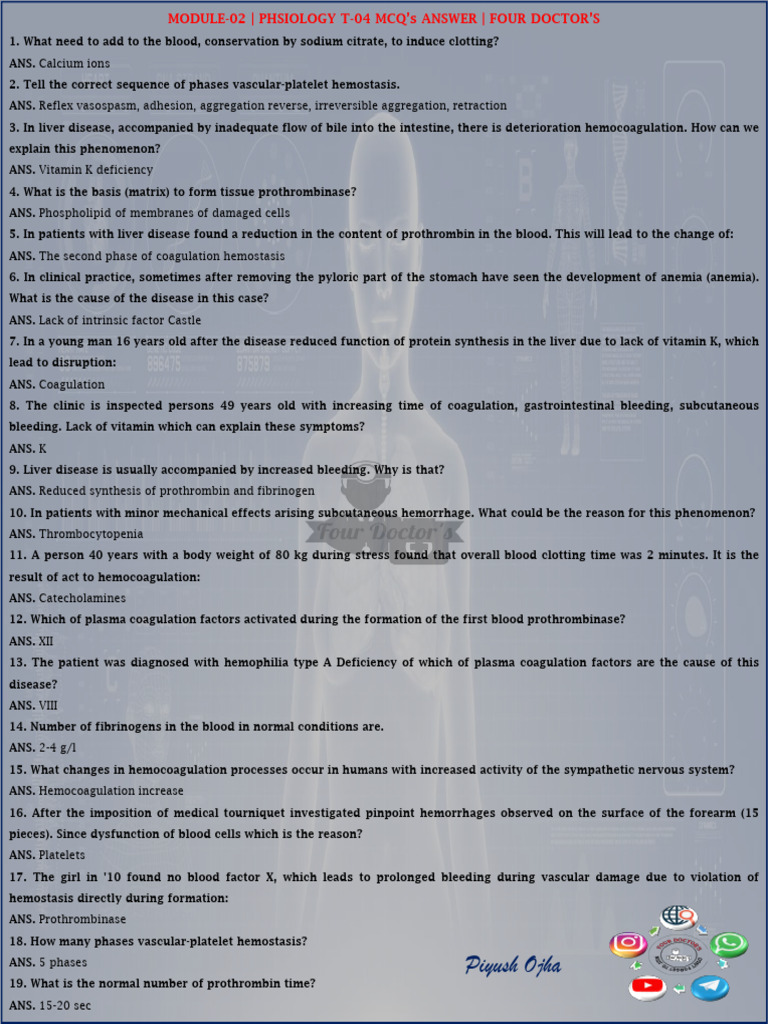M-02, Phsiology T-04 Mcq's Answer FD | PDF | Coagulation | Bleeding