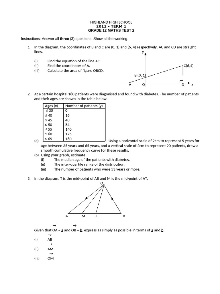 2011 - GRADE 12 TERM 1 - MATHS TEST 2 | PDF